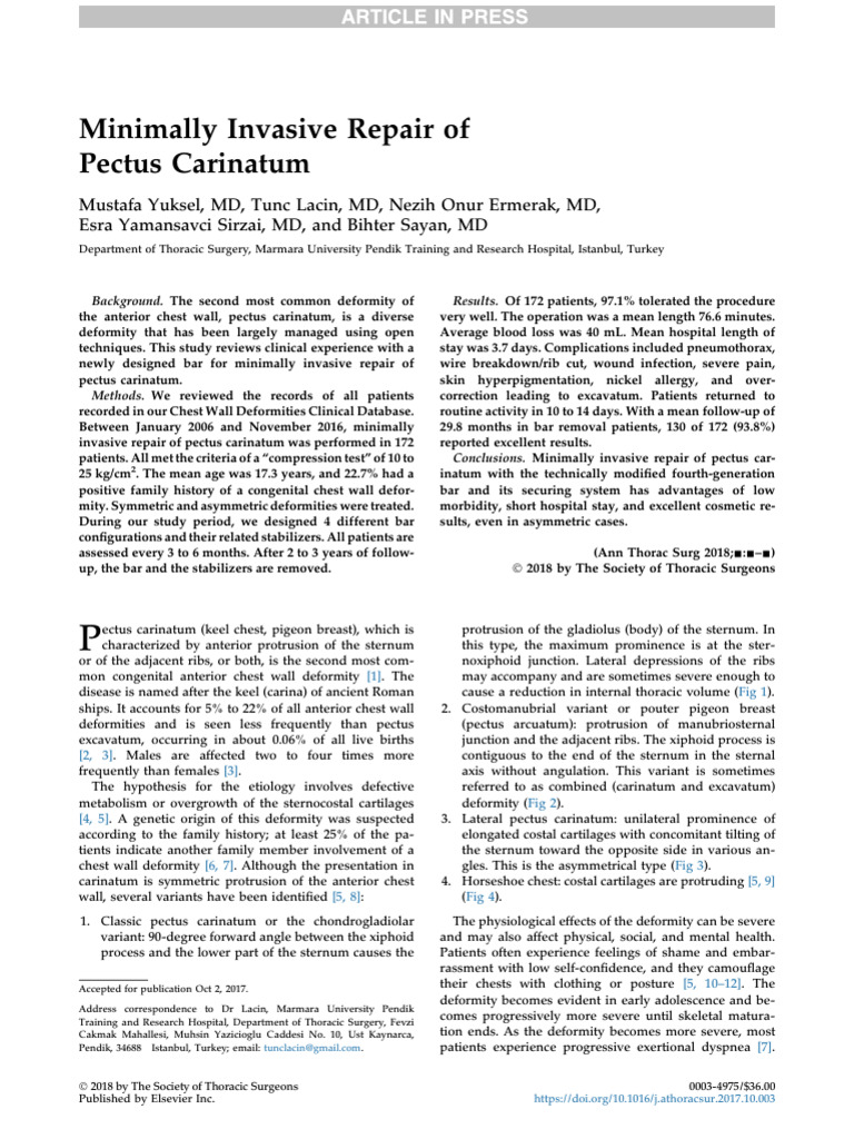 Yuksel2018 Minimally Invasive Repair of Pectus Carnatum | PDF | Medical ...