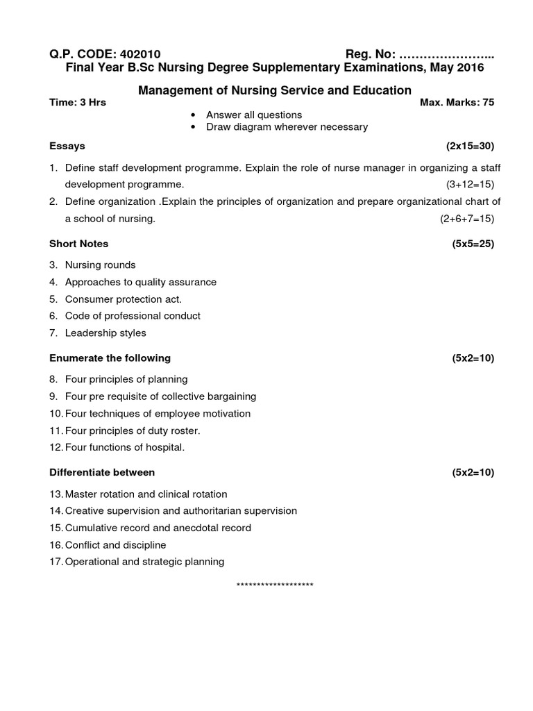 Q.P. CODE: 402010 Reg. No: ... Final Year B.SC Nursing Degree Supplementary Examinations, May ...