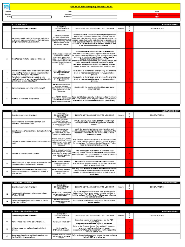 GM 1927 16b Stamping Process Audit-GM Confidential | PDF | Audit | Rust