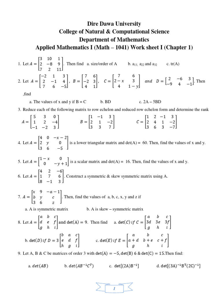 Applied Mathematics I Worksheet | PDF
