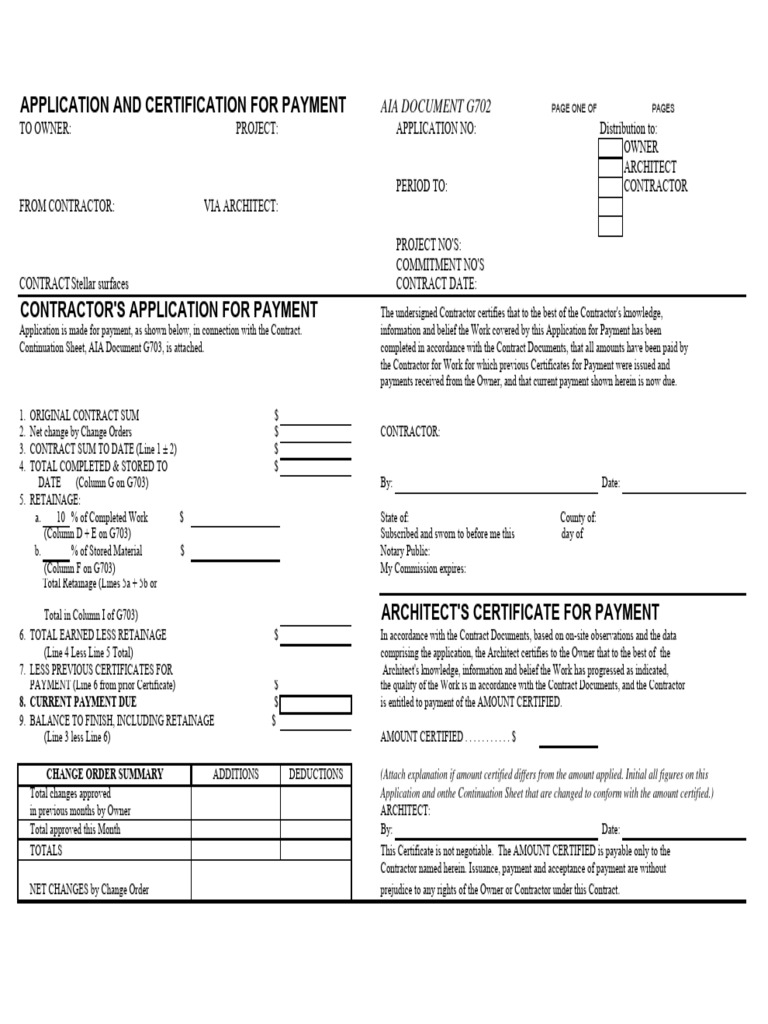 Application and Certification For Payment: Aia Document G702 | PDF ...