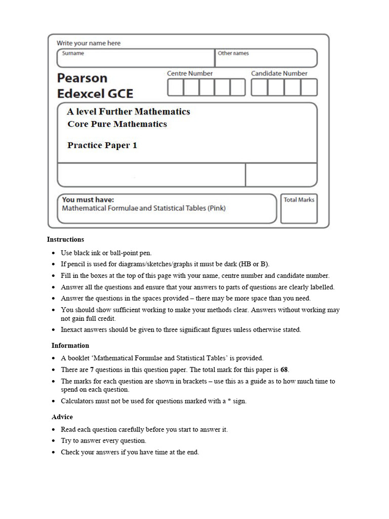 A Level Further Maths Practice Paper 1 | Download Free PDF | Equations | Rational Number