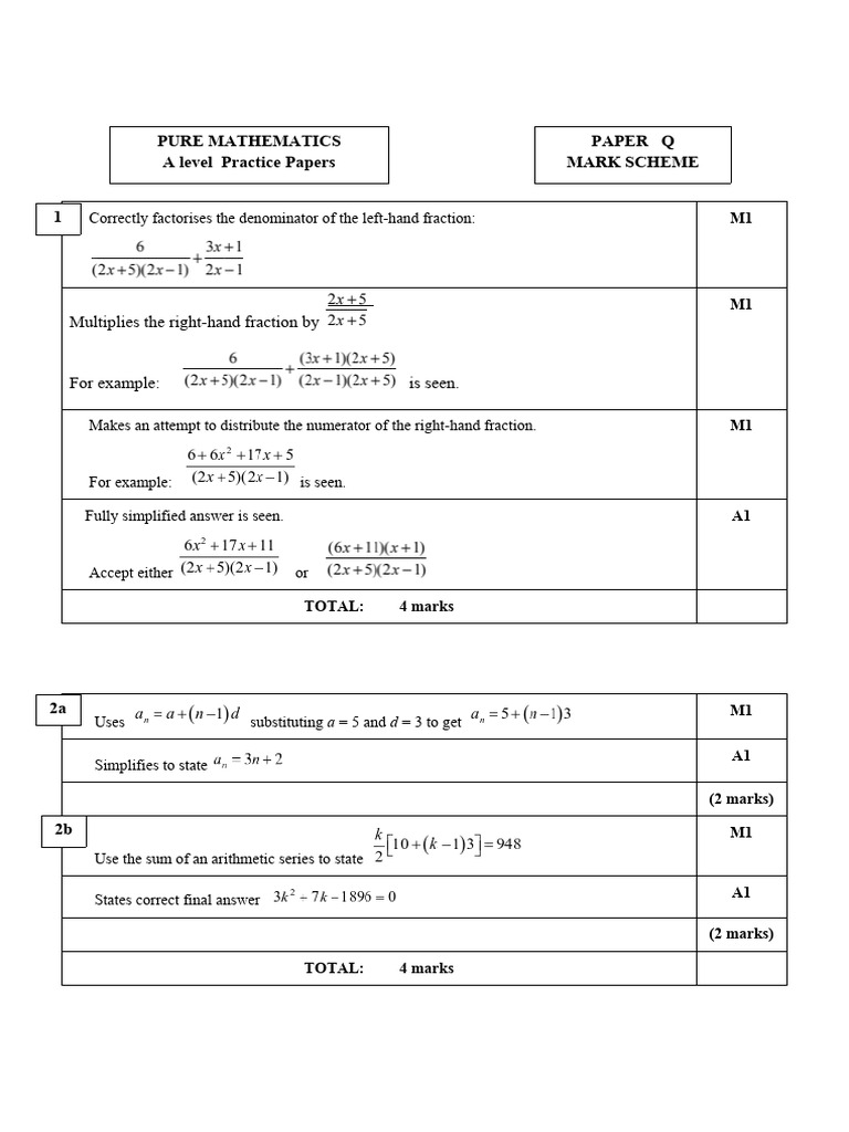 A Level Mathematics Practice Paper Q - Pure Mathematics Mark Scheme ...