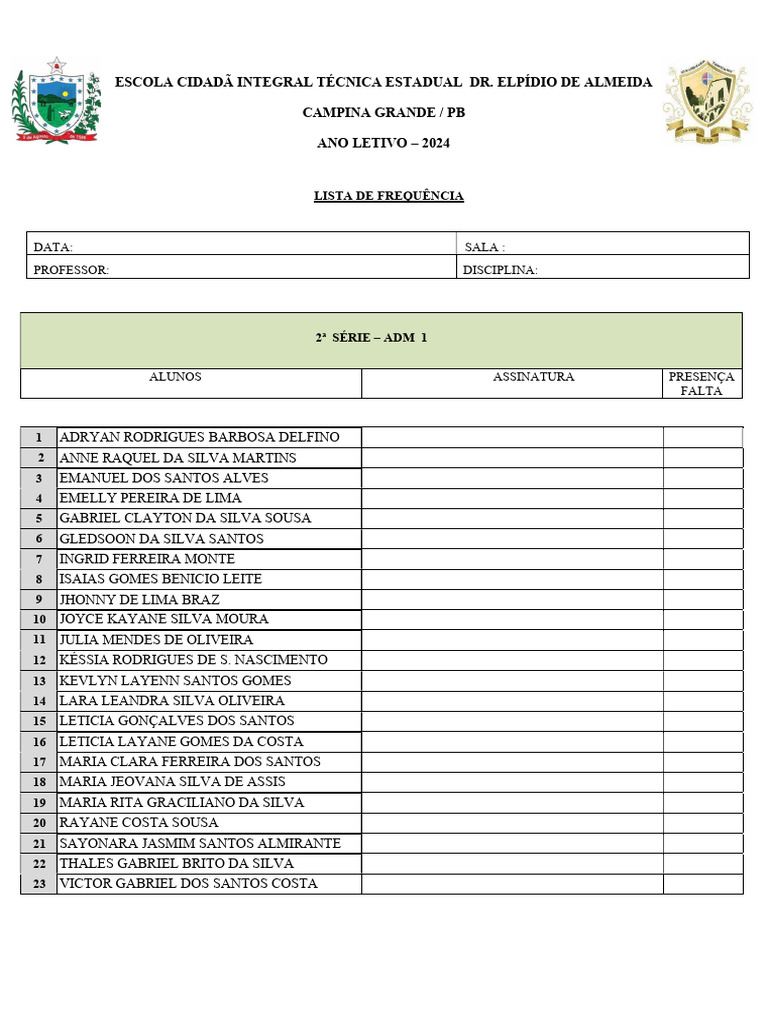 Lista de Frequência 2ª Série ADM 2024 | PDF