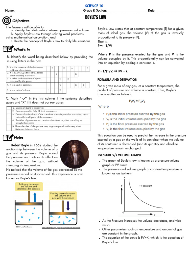 LEARNING ACTIVITY SHEET 4 (Boyle's Law) - Science 10 (4th Quarter ...