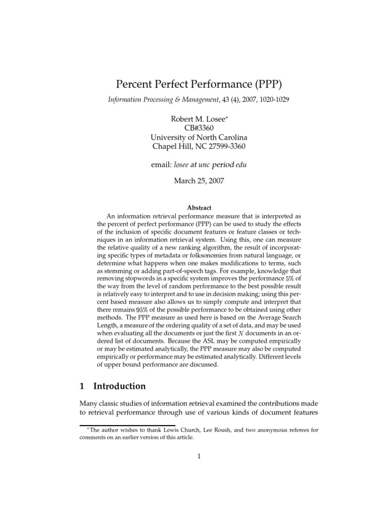 Percent Perfect Performance (PPP) : Information Processing & Management, 43 (4), 2007, 1020-1029 ...