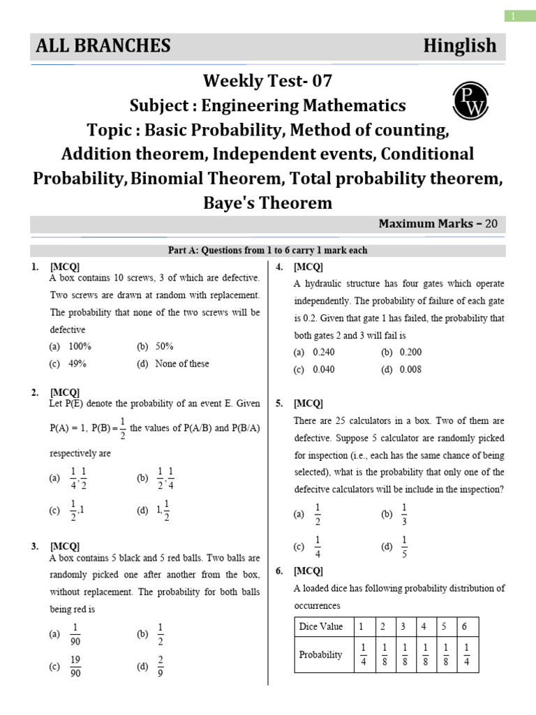 Engineering Mathematics Weekly Test 07 Test Paperparakram 2 0 Gate ...