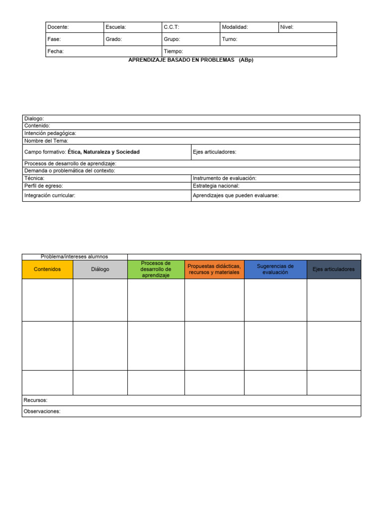 Formato Planeación Formato Aprendizaje Basado en Problemas | PDF | Crecimiento personal y ...
