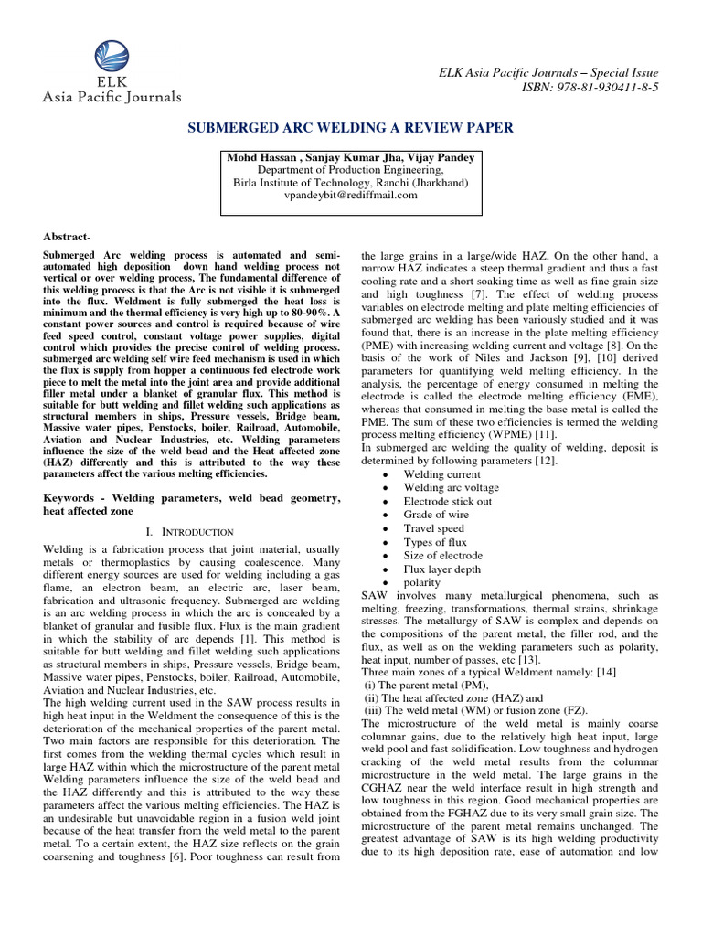 Submerged Arc Welding A Review Paper | PDF | Welding | Construction