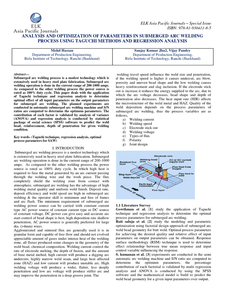 674038 Analysis And Optimization Of Parameters In Submerged Arc Welding