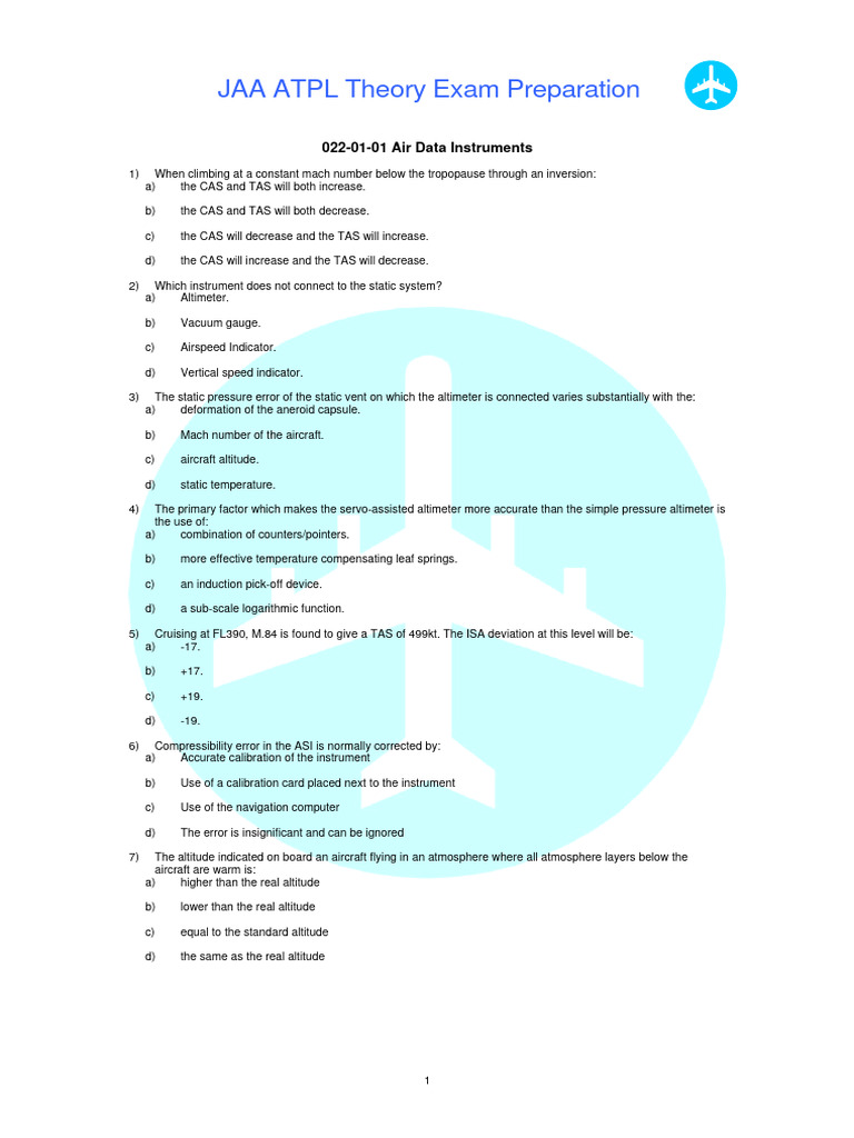 JAA ATPL Theory Exam Preparation: 022-01-01 Air Data Instruments | PDF ...