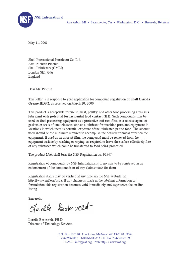 Certificate 08 - NSF Cassida Grease HDS 2 | PDF