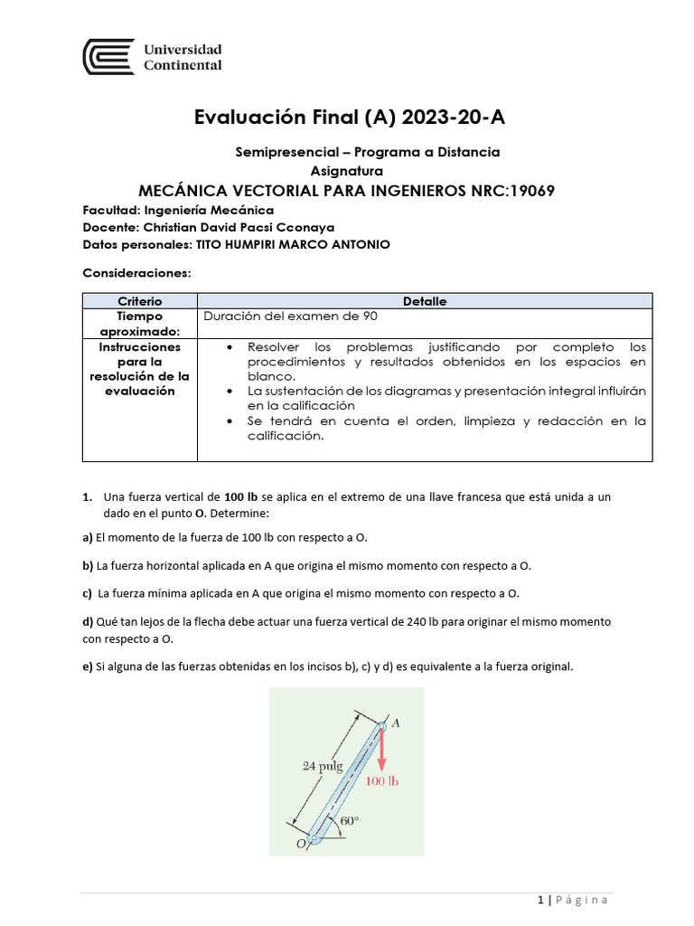 Examen Final Mecanica Vectorial-Estatica | PDF | Fuerza | Viga (Estructura)