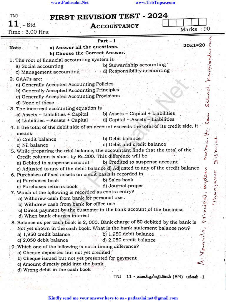 11th Accountancy EM First Revision Test 2024 Question Paper With Answer ...