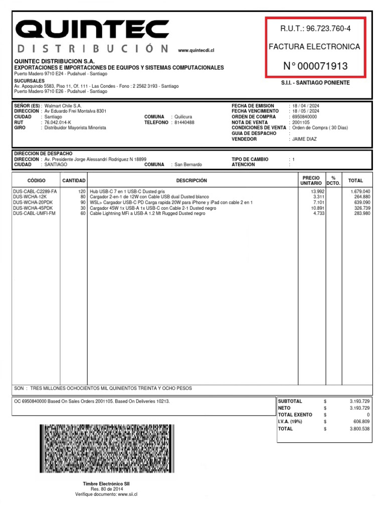 Factura Electrónica Quintec a Walmart | PDF | Santiago | USB