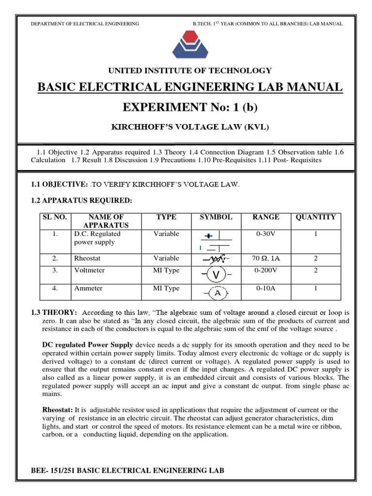 Basic Electrical Engineering Lab Manual Experiment No: 1 (B) | PDF | Voltage | Power Supply