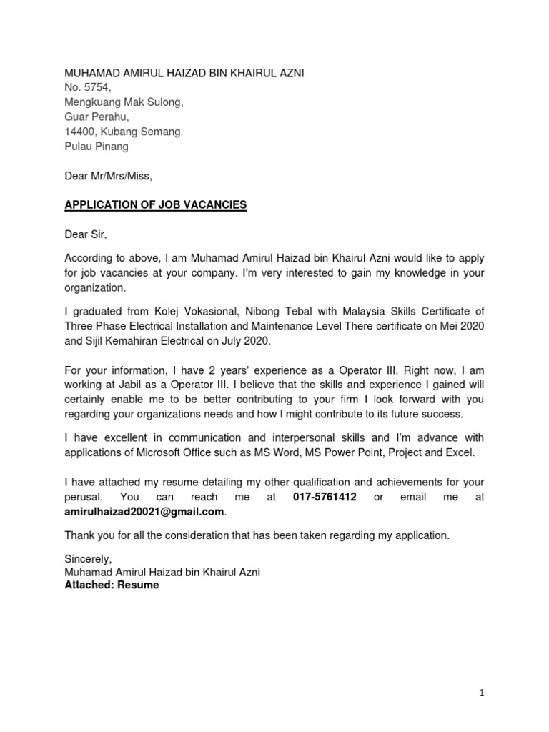 Electrical Job Application Letter | PDF