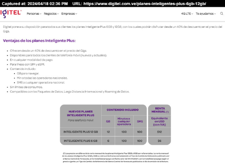 Planes Inteligentes Plus 6GB y 12GB Digitel | PDF