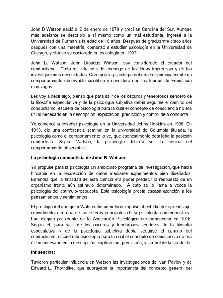 John B Watson | PDF | Sicología | Behaviorismo