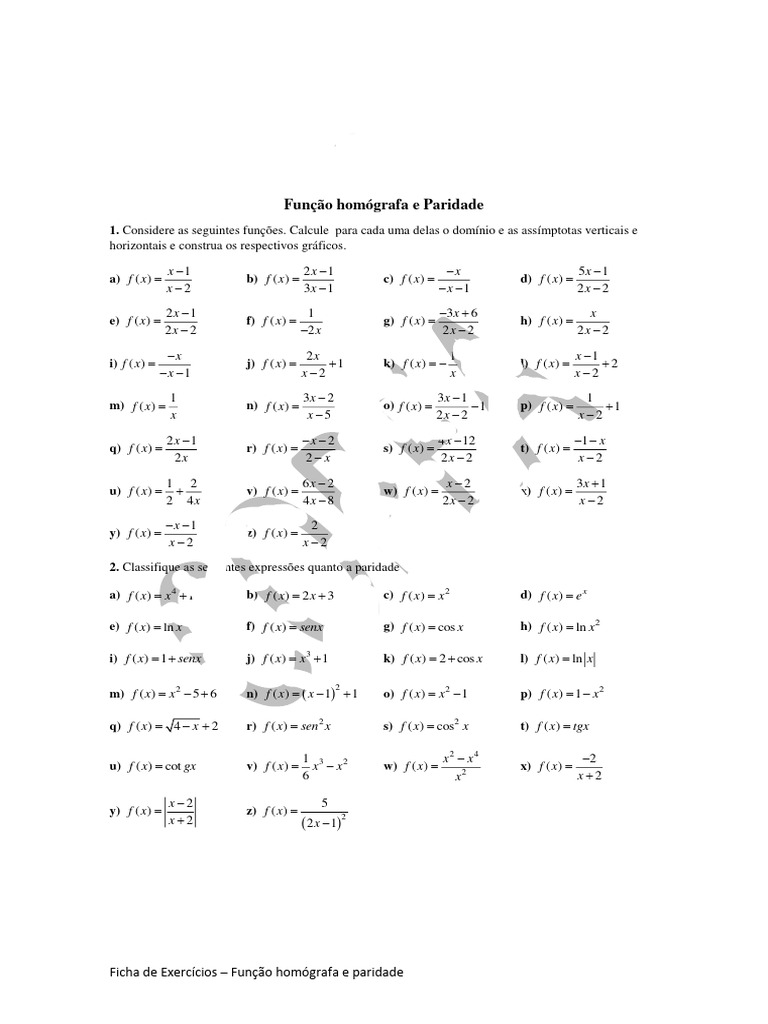 Exercícios sobre Função Homógrafa | PDF | Analise matemática | Funções ...