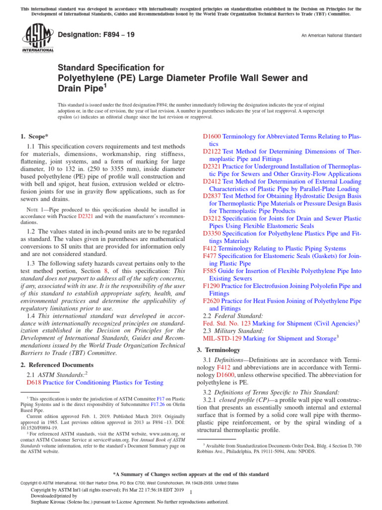 ASTM F894-19 | PDF | Pipe (Fluid Conveyance) | Welding