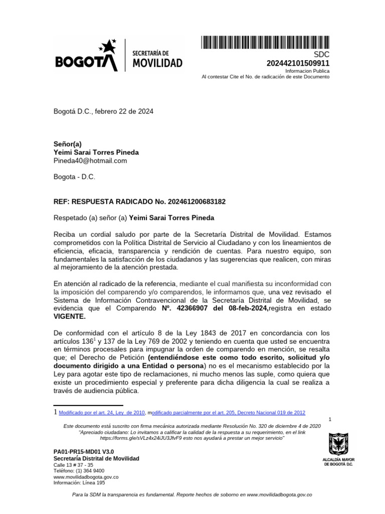 Señor (A) Yeimi Sarai Torres Pineda: Informacion Publica Al Contestar ...