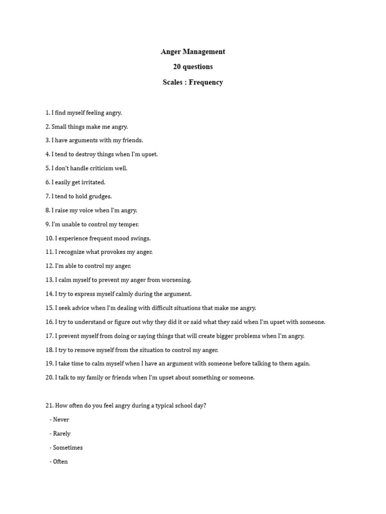 Anger Management Assessment Questionnaire | PDF | Anger | Psychology
