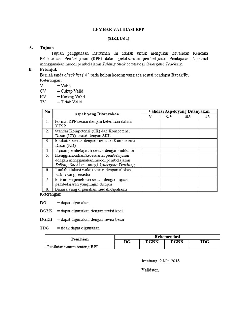 Lembar Validasi RPP Guru | PDF