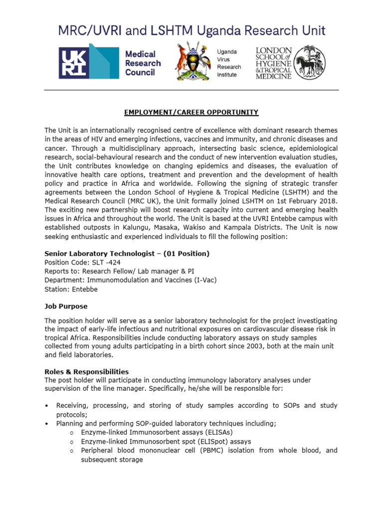 Senior Lab Tech (I-Vac) - Advert-Q-LTP-877 | PDF | Assay | Polymerase ...