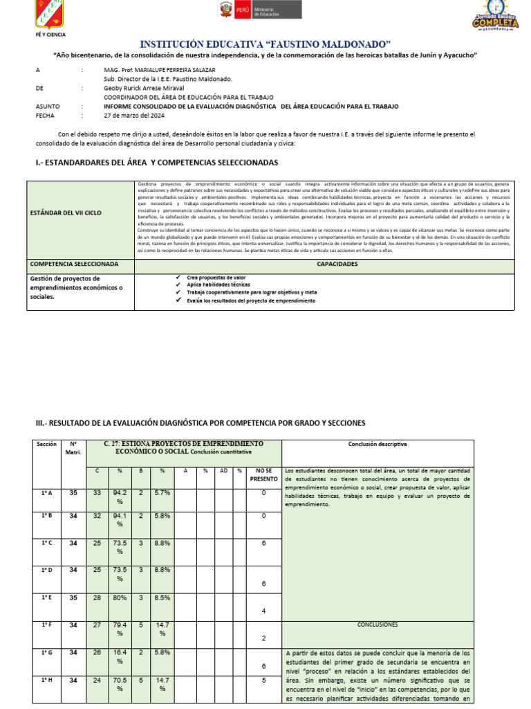 Informe Eval - Diagnóstica 2024 Ept | PDF | Planificación | Aprendizaje