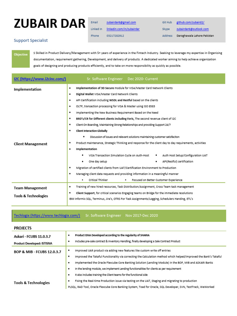 Zubair Dar_Support Specialist | PDF | Oracle Corporation | Visa Inc.