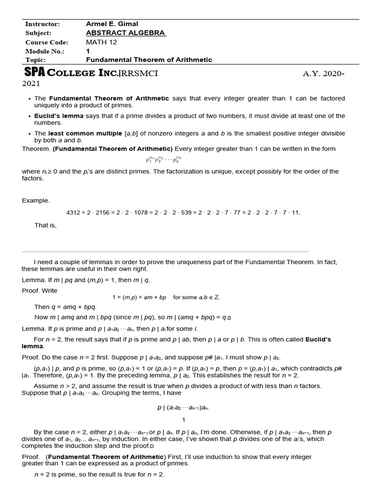 Fundamental Theorem of Arithmetic Explained | PDF | Prime Number ...