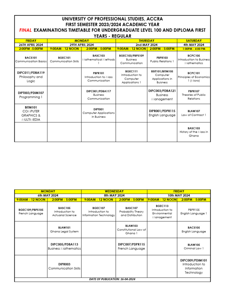 Final Regular Level 100 1ST Semester Exams Timetable - 2024-1 | PDF ...