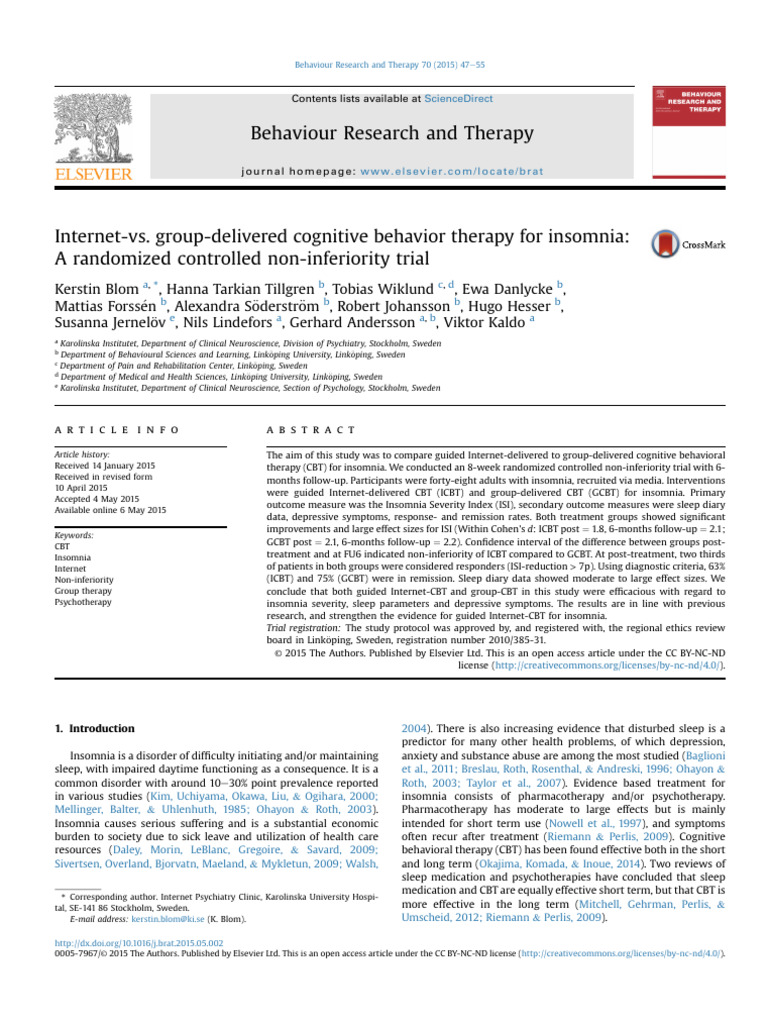 Internet-Based Cognitive Behavioral Therapy For Insomnia A Health Economic Evaluation | Download ...