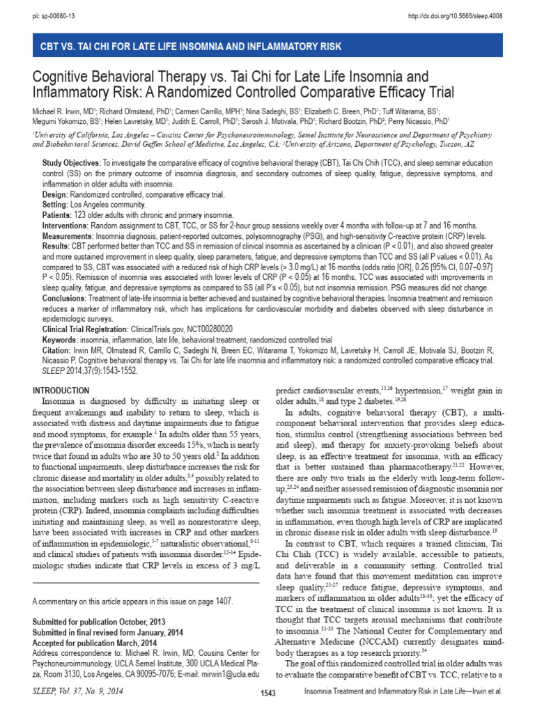Cognitive Behavioral Therapy vs. Tai Chi for Late Life Insomnia and Inflammatory Risk, A ...