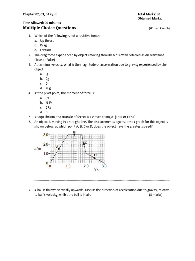Physics Quiz Chapter 2, 3, 4 | PDF | Force | Drag (Physics)