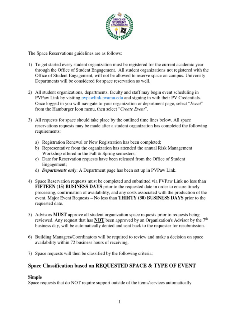 PV Space Reservations Guidelines Packet | PDF | Combustion