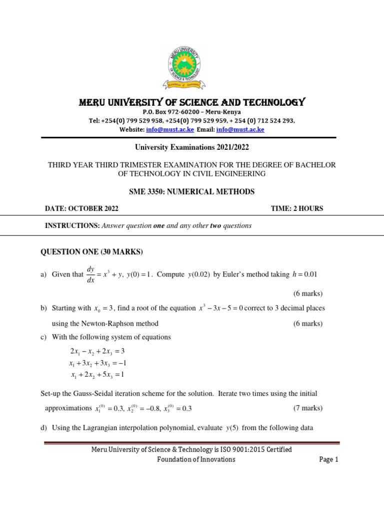 Sme 3350 Numerical Methods 3 | PDF | Numerical Analysis | Computational Science