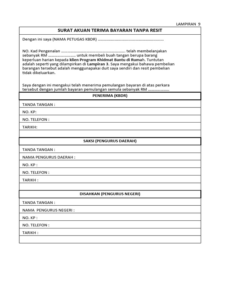 Contoh - SURAT AKUAN TERIMA BAYARAN TANPA RESIT | PDF