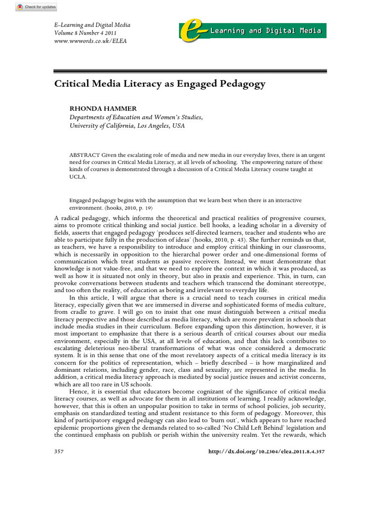 Hammer 2011 Critical Media Literacy As Engaged Pedagogy | PDF ...