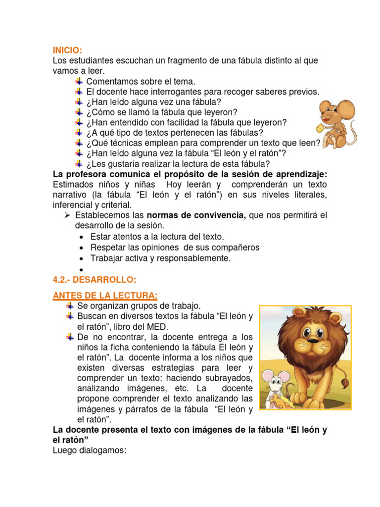 Comprensión de "El león y el ratón" | PDF | Fábula | Aprendizaje