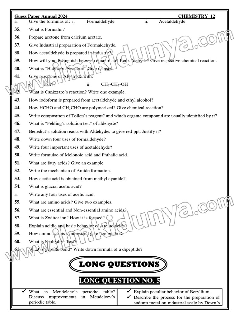 12th Class Guess Papers 2024 Chemistry Long | PDF | Aldehyde | Chemistry
