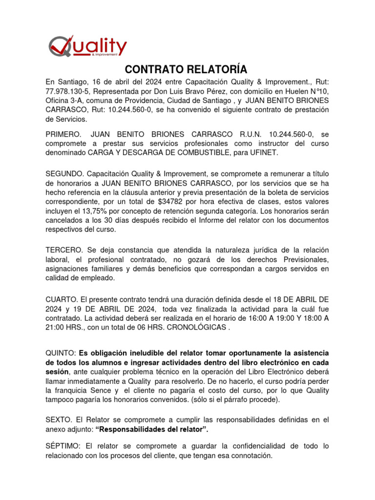 Contrato Relator Curso Carga y Descarga -Juan Briones | PDF