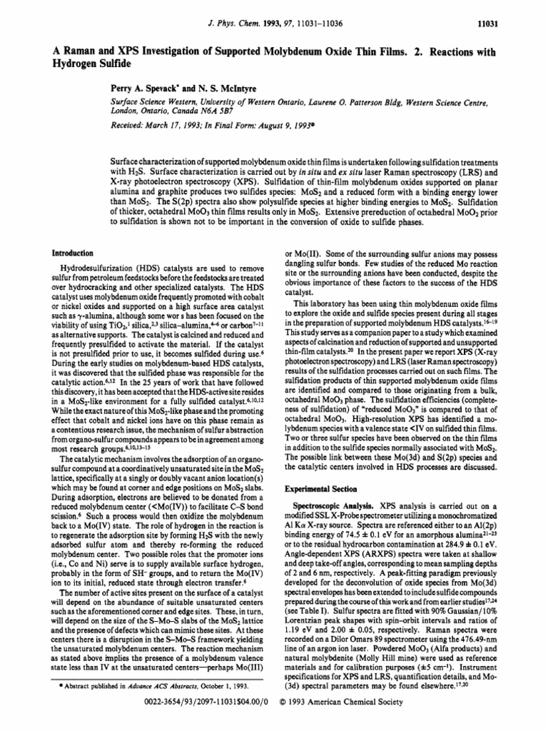 A Raman and Investigation of Supported Molybdenum Oxide Thin Films. 2 ...