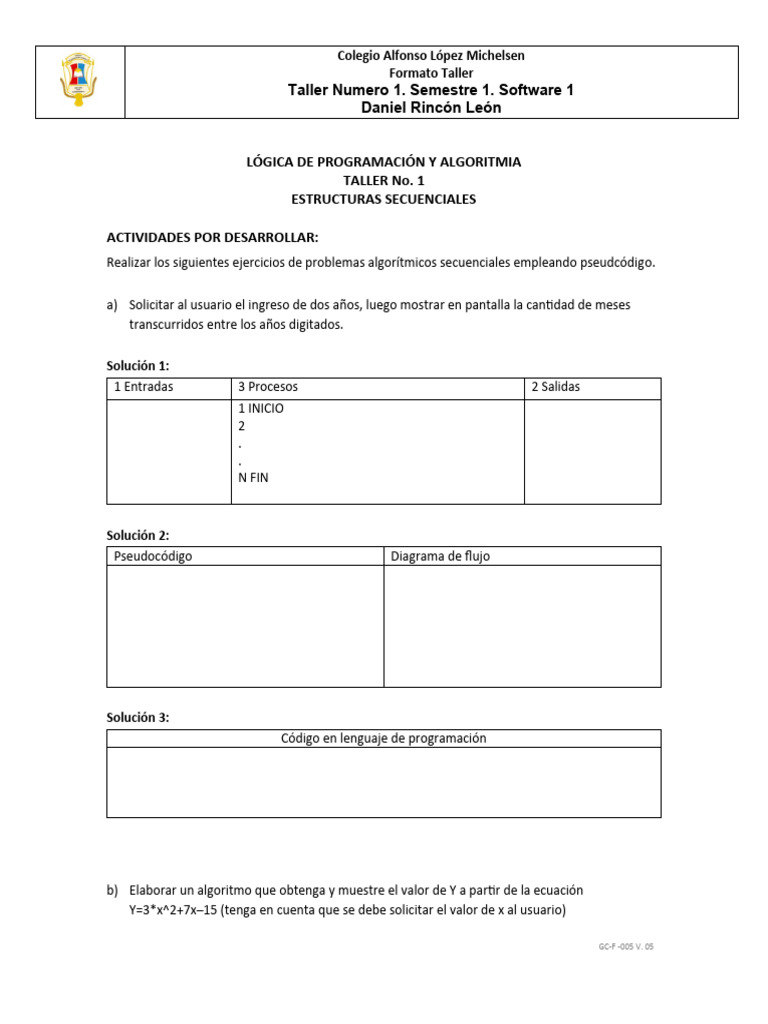 Taller de Algoritmia: Estructuras Secuenciales | PDF | Algoritmos | Programación de computadoras