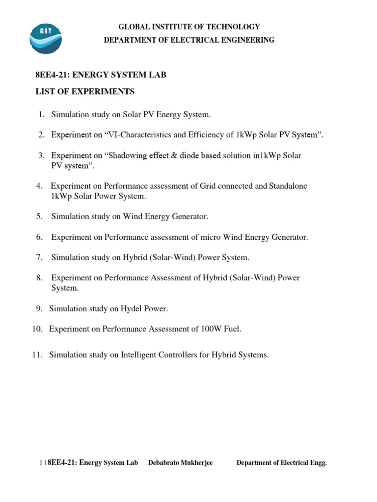 Energy System Lab (8EE4-21) | PDF | Photovoltaics | Photovoltaic System