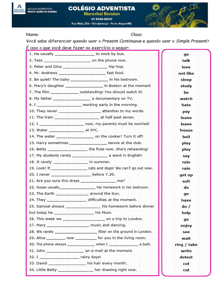 Atividade 4 - Primeiros Anos - Aula 5 - Simple Present e Present Continuous | PDF