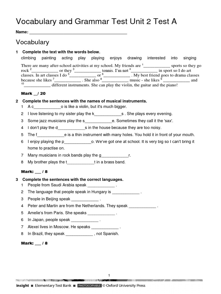Vocabulary Grammar Unit 2 Test A | PDF | Adverb | Languages