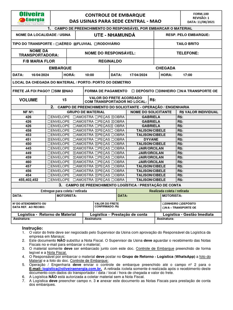 Controle de Embarque - FB Maria Flor - 16-04-2024 | PDF | Recibo | Business