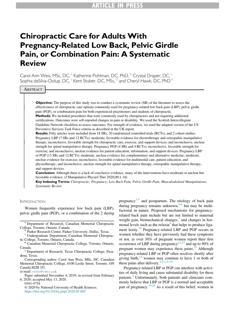 Chiropractic Care For Adults With Pregnancy Related Low Back, Pelvic Gridle Pain or Combinated ...